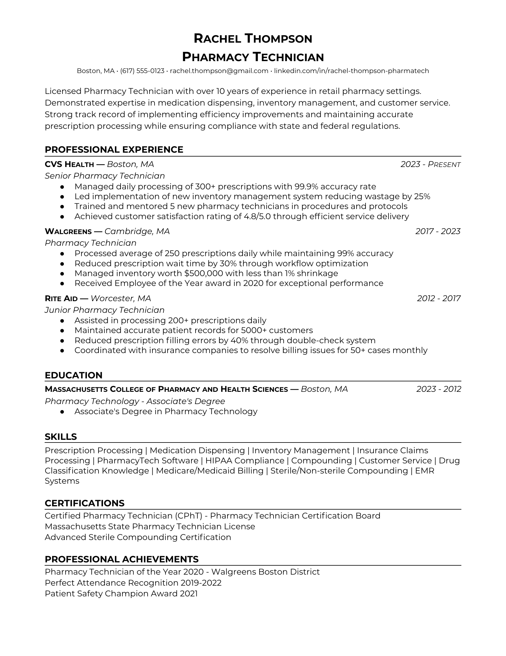 Pharmacy Technician in Retail Resume Examples & Tips for 2025 | Careerday